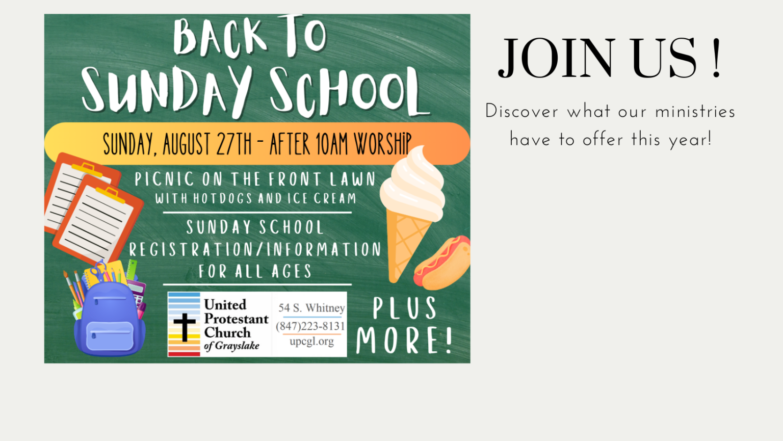 August 27th Back-to-School Sunday - United Protestant Church of Grayslake